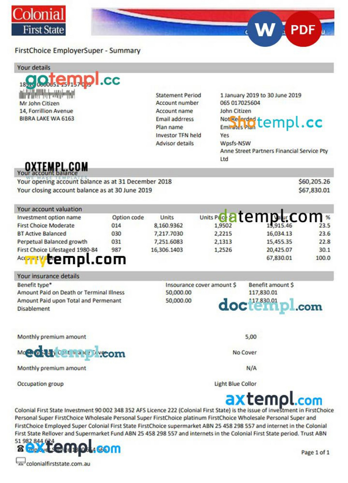 Doctempl - Australia Colonial First State bank statement, Word and PDF ...
