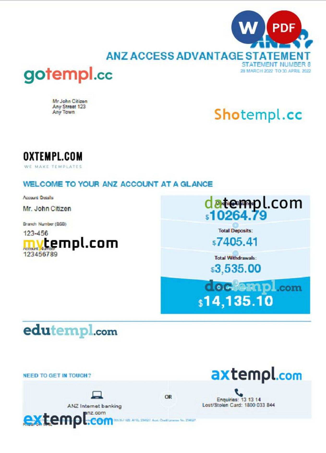 Doctempl - Australia ANZ bank statement, Word and PDF template - Page 1
