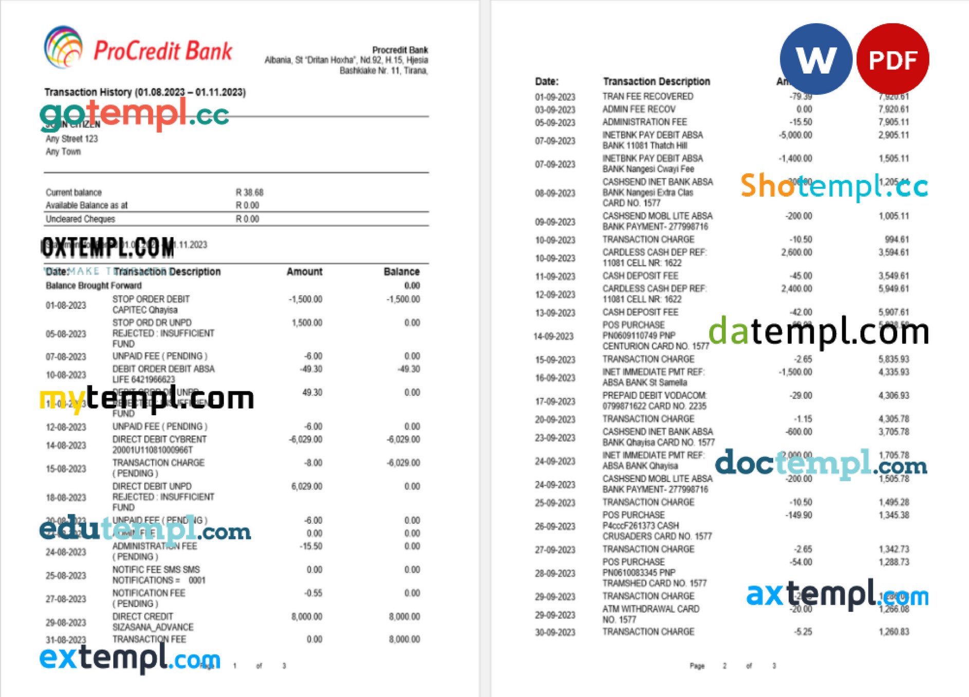 Doctempl - Albania ProCreditBank bank statement Word and PDF template, 3 pages go 1,2 - Page 1