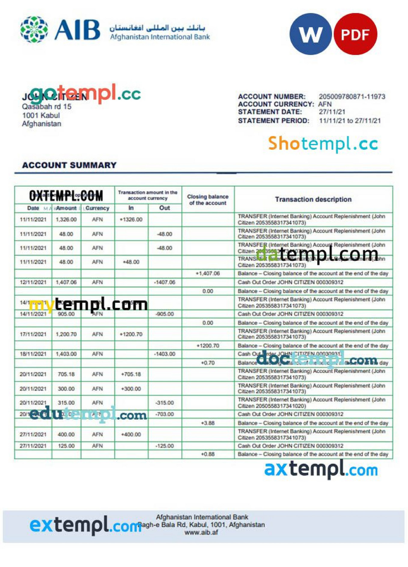 Doctempl - Afghanistan AIB bank statement template in Word and PDF - Page 1