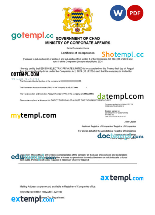 Doctempl - Chad certificate of registration Word and PDF template - Page 1