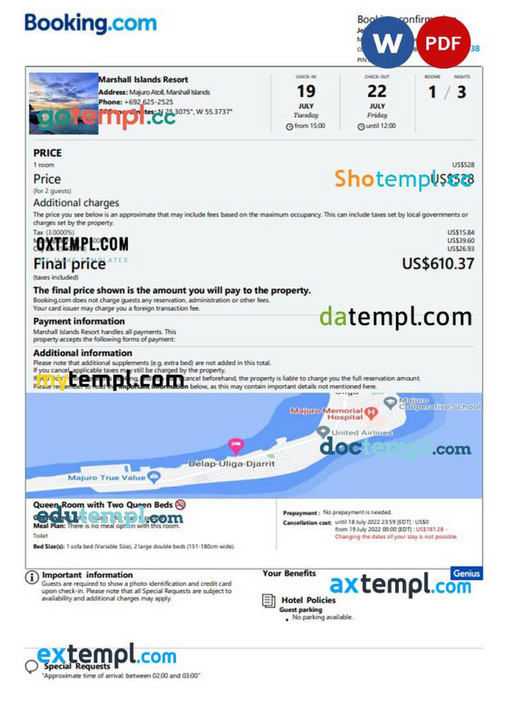 Doctempl - Marshall Islands hotel booking confirmation template in Word and PDF formats - Page 1