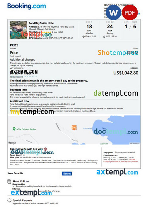 Doctempl - Saint Lucia hotel booking confirmation template in Word and PDF formats - Page 1