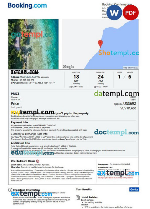 Doctempl - Vanuatu hotel booking confirmation template in Word and PDF - Page 1