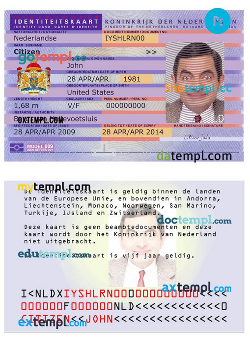Doctempl - Netherland ID card template in PSD format version 2 - Page 1