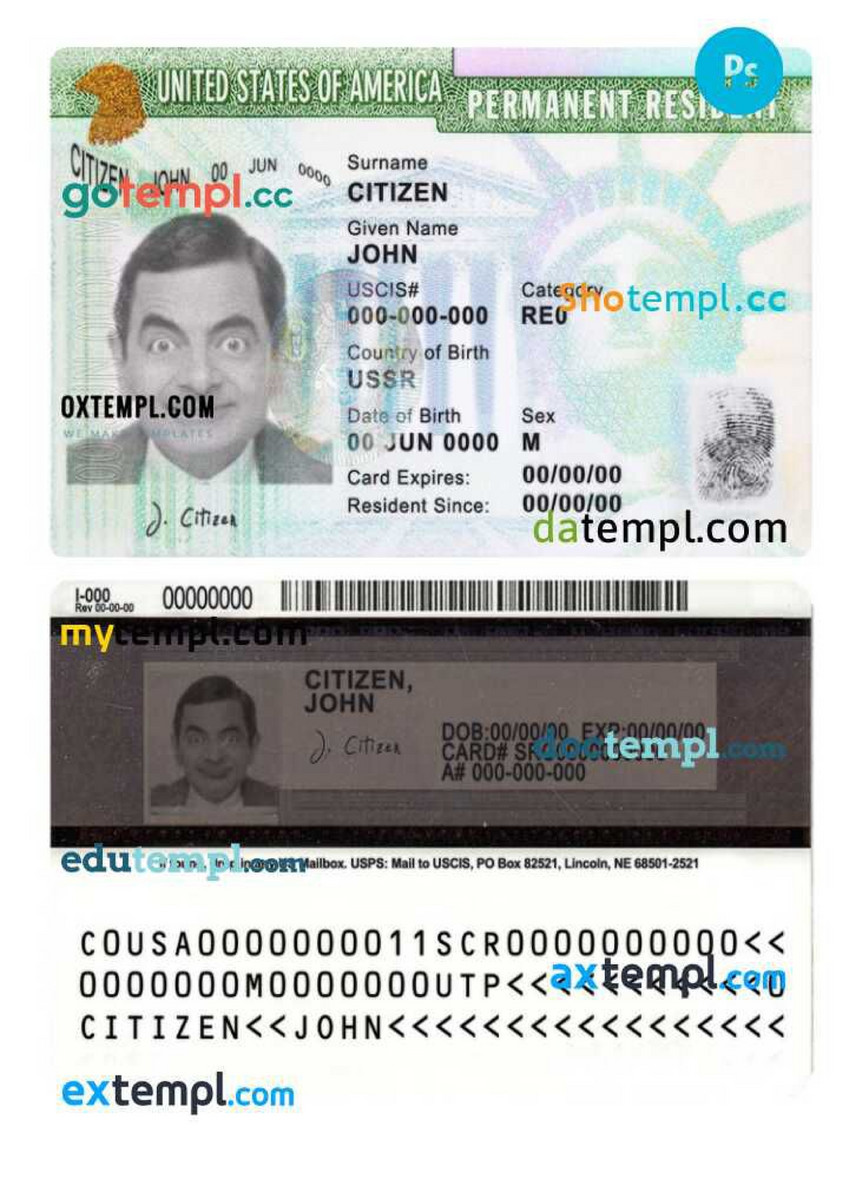 Us Permanent Resident Template Green Card Psd File USA Green Card,