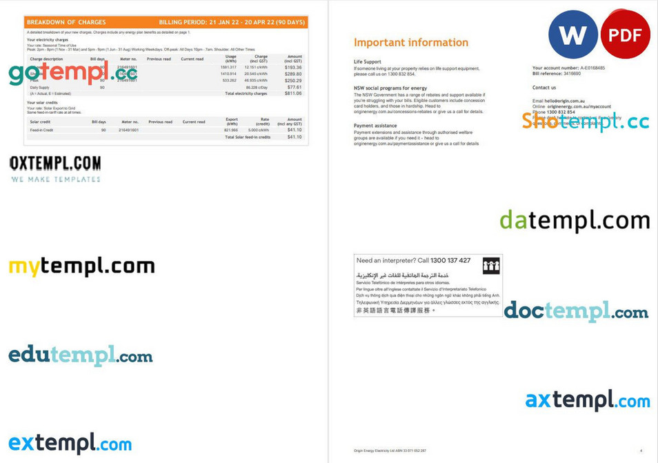 Doctempl - Australia Origin utility bill, Word and PDF template, 4 ...