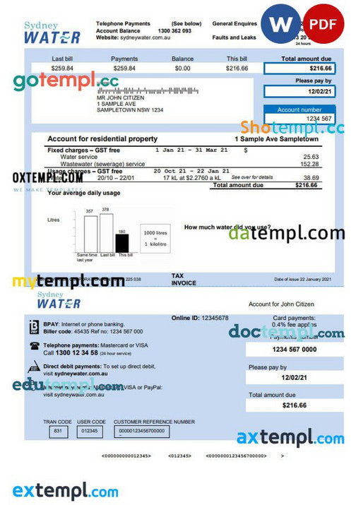 Doctempl - Australia Sydney water utility bill Word and PDF template - Page 1