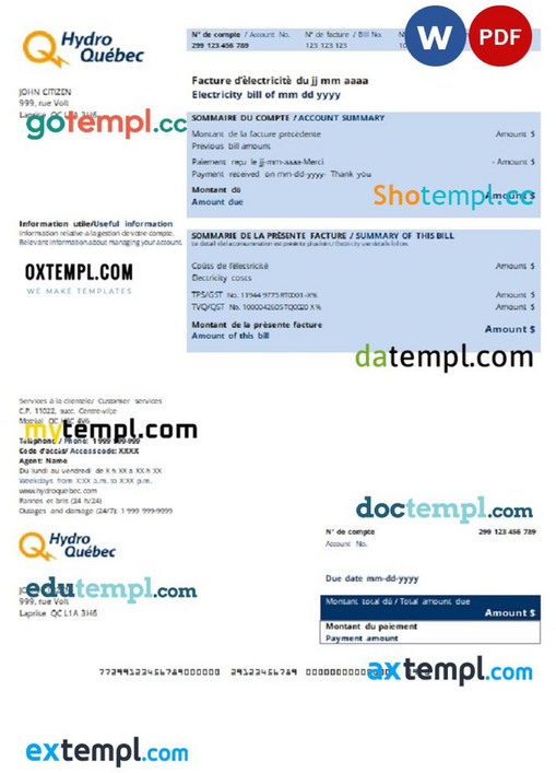Doctempl - Canada Hydro-Québec utility bill template in .doc and .pdf ...
