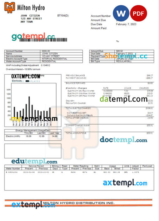 Doctempl - Canada Milton Hydro electricity bill Word and PDF template ...