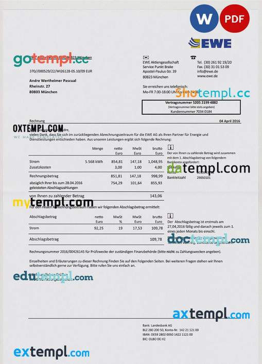 Doctempl - Germany EWE utility bill template in Word and PDF formats ...