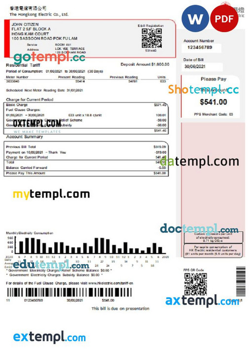 Doctempl - Hong Kong Hongkong Electric Company utility bill template in Word and PDF - Page 1