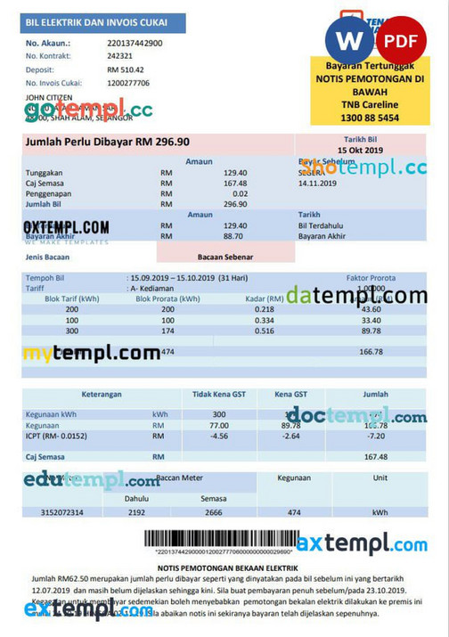 Doctempl - Malaysia Tenaga Nasional electricity utility bill template in Word and PDF format ...
