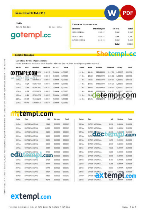 Doctempl - Spain Masmovil internet and mobile utility bill Word and PDF ...