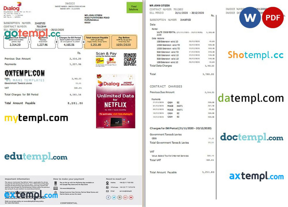 Doctempl - Sri Lanka Dialog utility bill template in Word and PDF ...