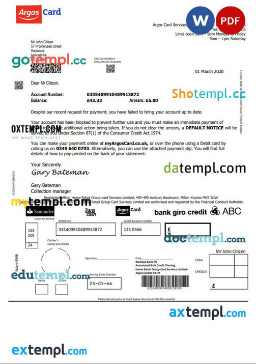 Doctempl - United Kingdom Argos Card in Word and PDF format - Page 1