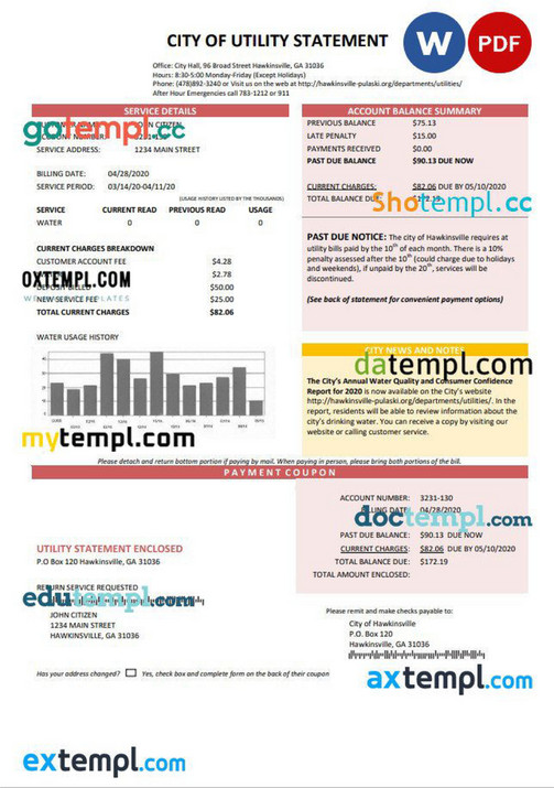 Doctempl - USA City of Utility Statement water utility bill template in Word and PDF format - Page 1