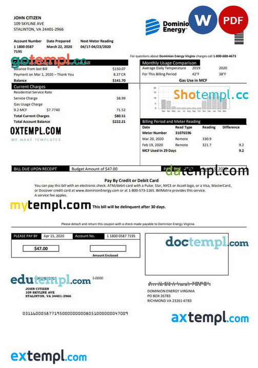 Doctempl - USA Dominion Energy utility bill template in Word and PDF ...