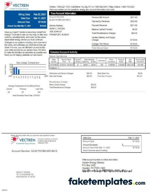 Doctempl - USA VECTREN utility bill Word and PDF template - Page 1