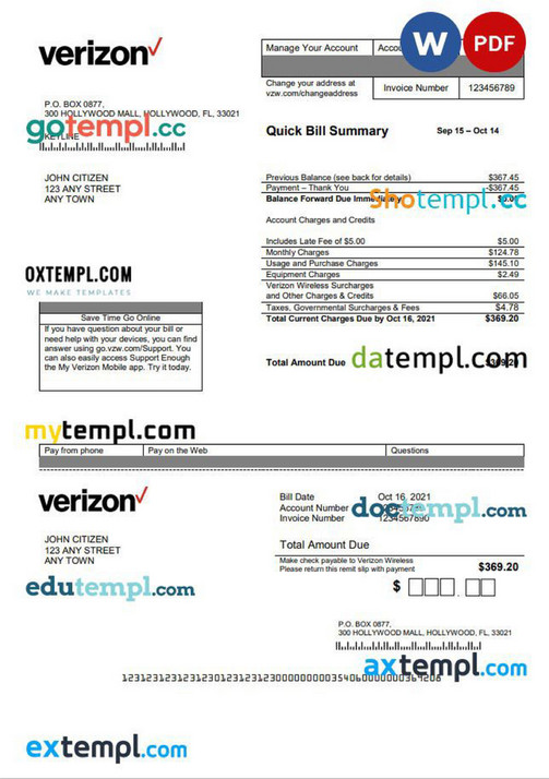 Doctempl - USA Verizon utility bill template in Word format, fully ...