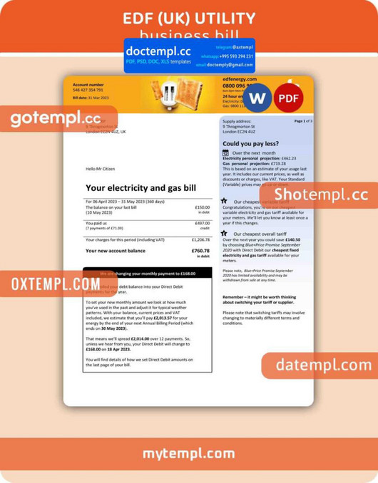 Doctempl - EDF (UK) business utility bill, Word and PDF template - Page 1