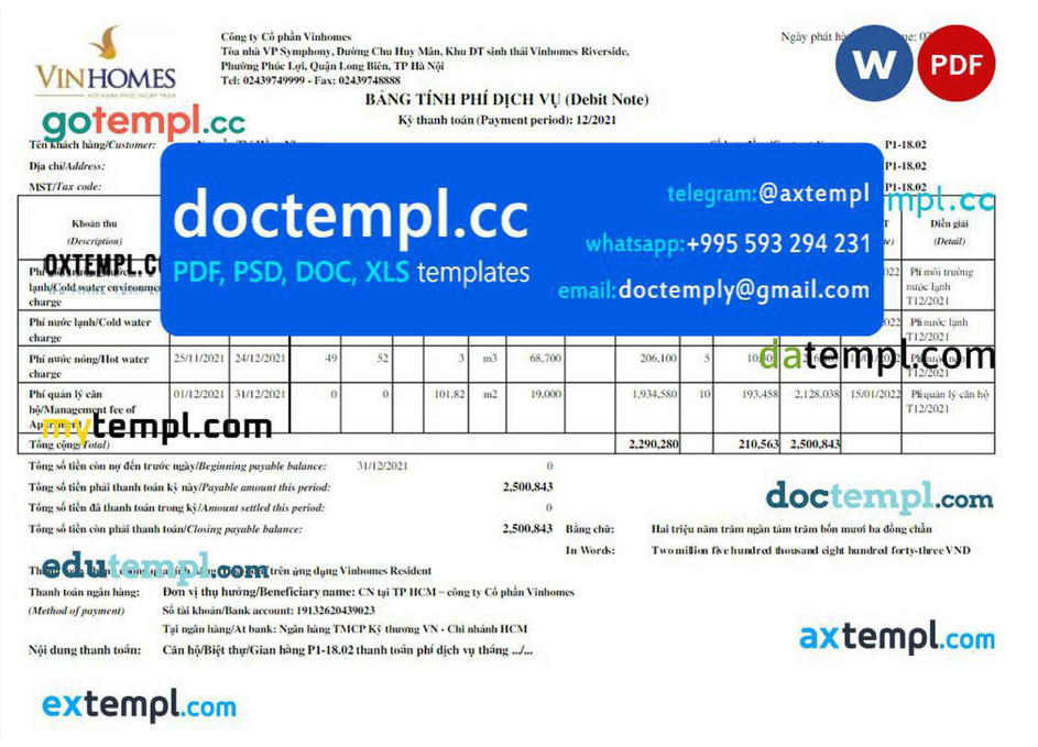 Doctempl - VIETNAM VINHOMES utility bill Word and PDF template - Page 1
