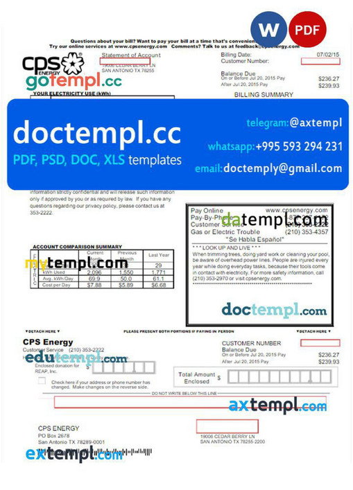 Doctempl - USA CPS ENERGY utility bill Word and PDF template - Page 1
