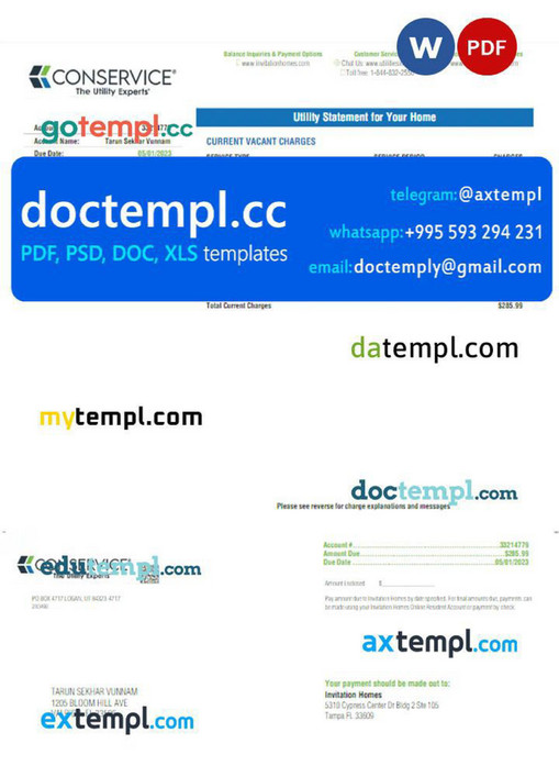Doctempl - USA FLORIDA CONSERVICE utility bill Word and PDF template - Page 1