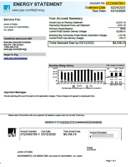 Doctempl - USA PGE utility bill Word and PDF template - Page 1