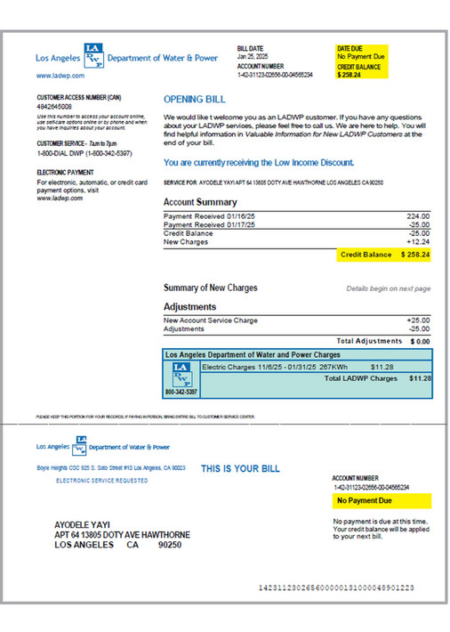 Doctempl - USA LA DWP utility bill template in Word and PDF formats, version 2 - Page 1