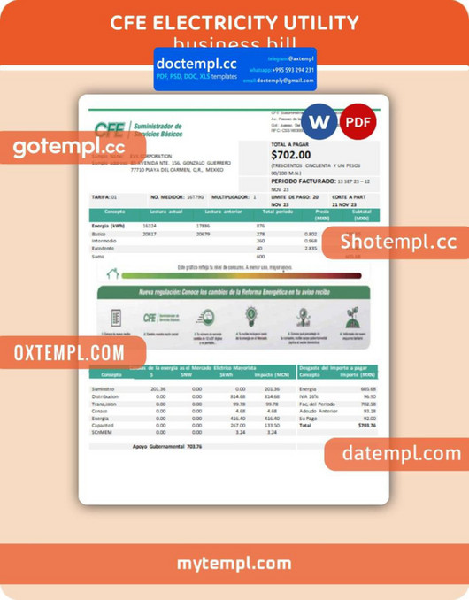 Doctempl - CFE electricity business utility bill, PDF and WORD template - Page 1