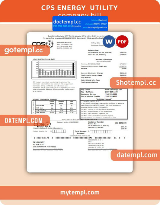 Doctempl - CPS Energy business utility bill , Word and PDF template - Page 1