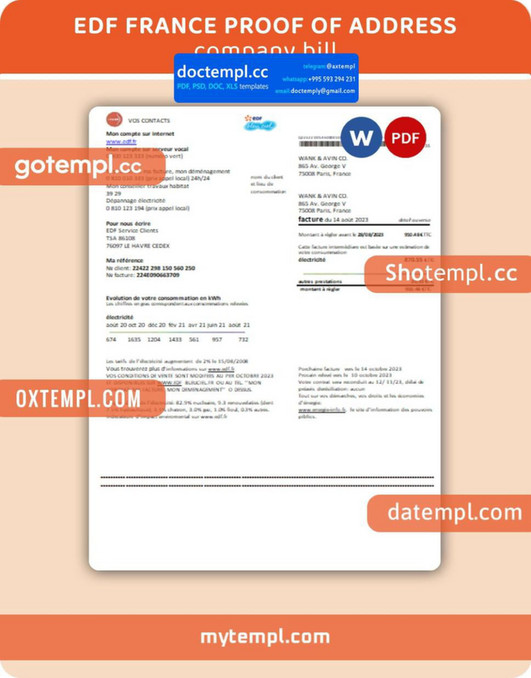 Doctempl - EDF France proof of address business utility bill, Word and ...
