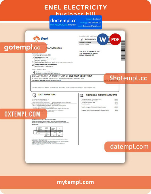 Doctempl - Enel electricity utility business bill, Word and PDF template, 4 pages, version 3 ...