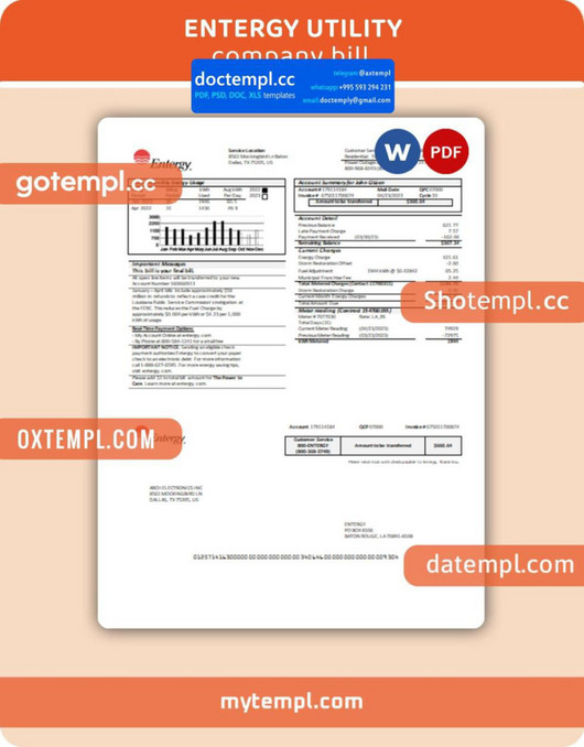 Doctempl - Entergy utility business bill, Word and PDF template, 4 pages, version 3 - Page 1