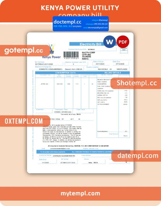 Doctempl - Kenya Power business utility bill, Word and PDF template ...