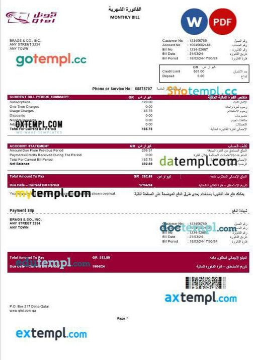 Doctempl - QATAR QTEL business utility bill Word and PDF template - Page 1