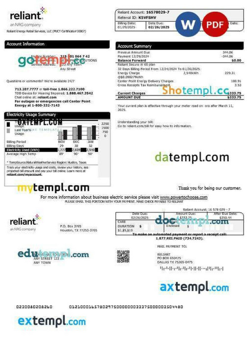 Doctempl - USA Reliant business utility bill Word and PDF template - Page 1