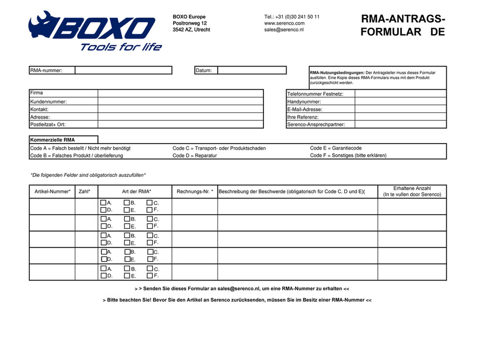 Serenco Nederland - RMA Formular BOXO 2024 DE - Page 1