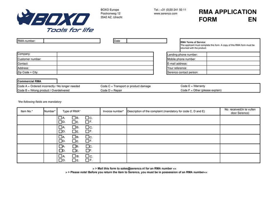 Serenco Nederland - RMA Form BOXO 2024 ENG - Page 1