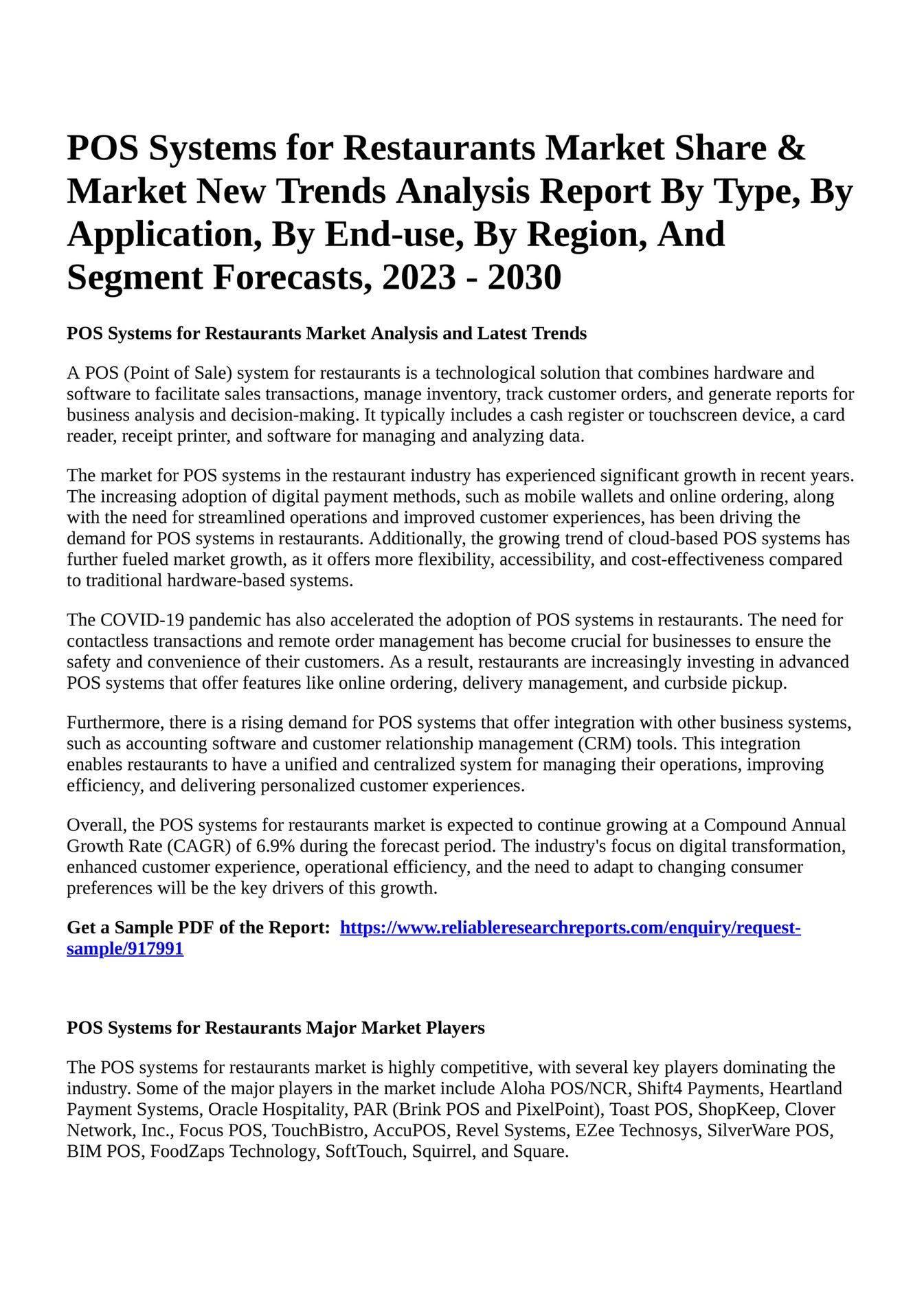 Reportprime - POS Systems for Restaurants Market Share & Market New ...