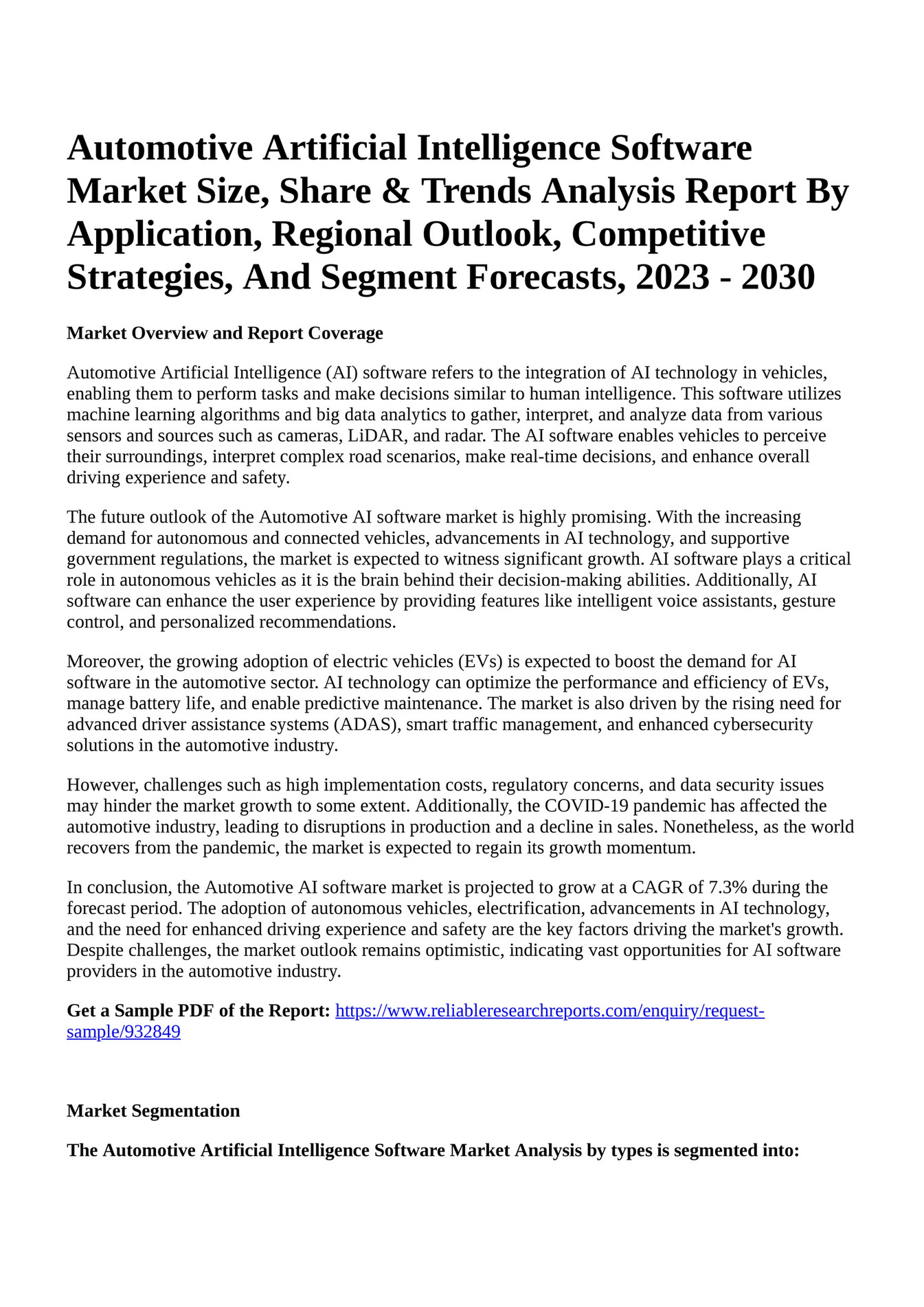 Reportprime Automotive Artificial Intelligence Software Market Size