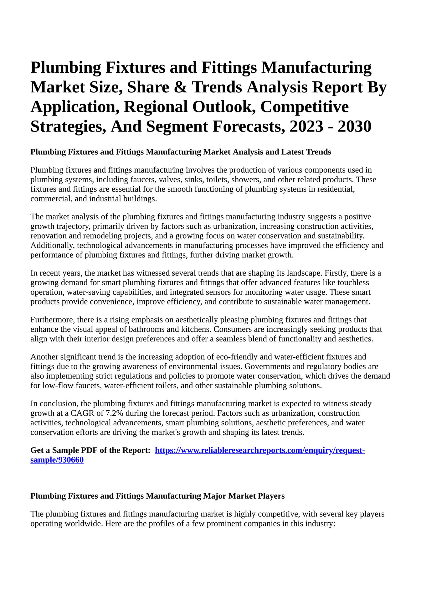 Reportprime Plumbing Fixtures And Fittings Manufacturing Market Size