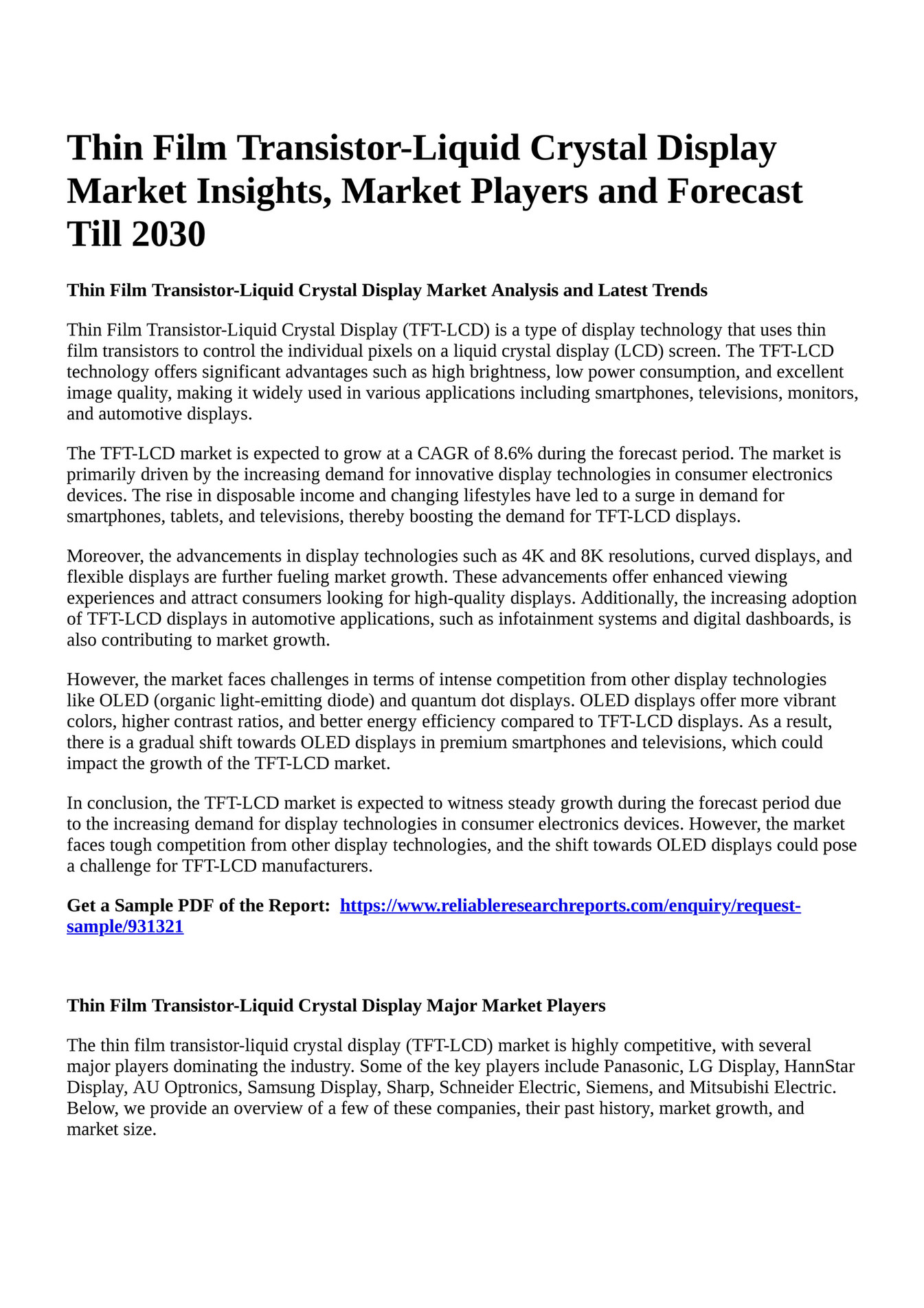 Reportprime - Thin Film Transistor-Liquid Crystal Display Market ... Reportprime - Thin Film Transistor-Liquid Crystal Display Market ...