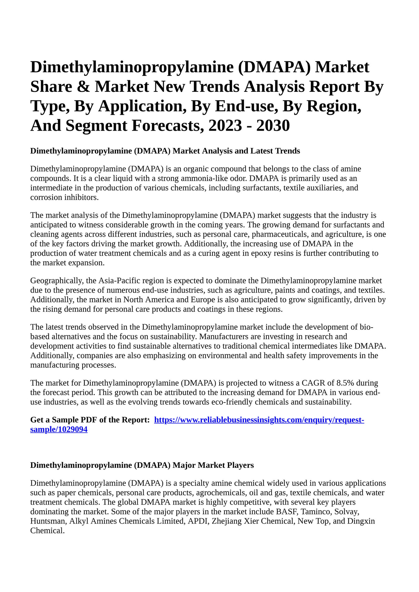 Reportprime - Dimethylaminopropylamine (DMAPA) Market Share & Market ... Reportprime - Dimethylaminopropylamine (DMAPA) Market Share & Market ...