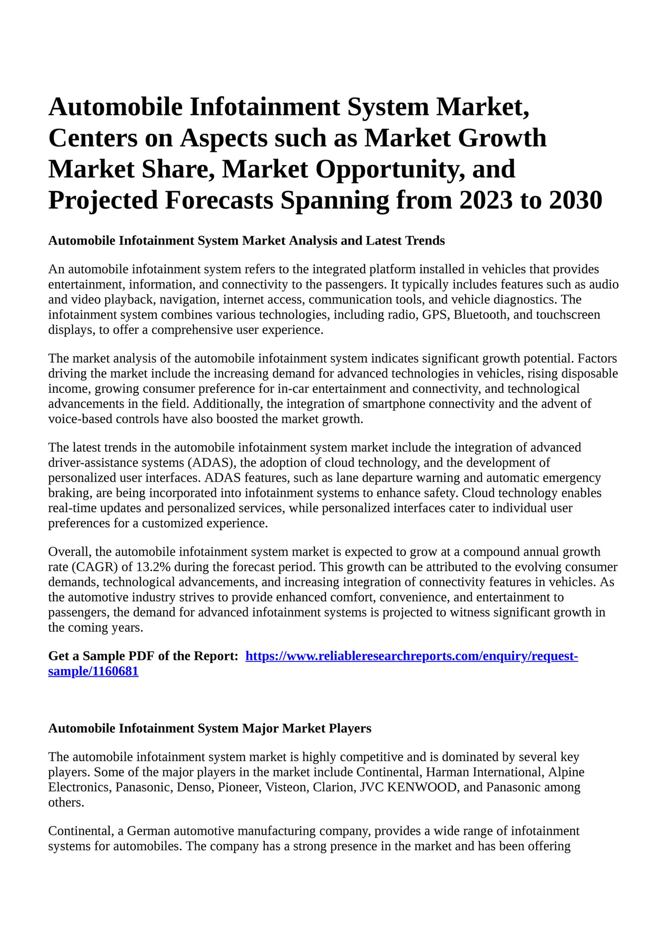 Reportprime - Automobile Infotainment System Market, Centers on Aspects ... Reportprime - Automobile Infotainment System Market, Centers on Aspects ...