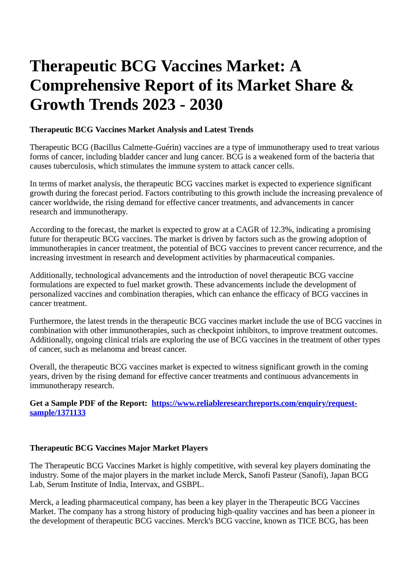Reportprime - Therapeutic BCG Vaccines Market: A Comprehensive Report ... Reportprime - Therapeutic BCG Vaccines Market: A Comprehensive Report ...