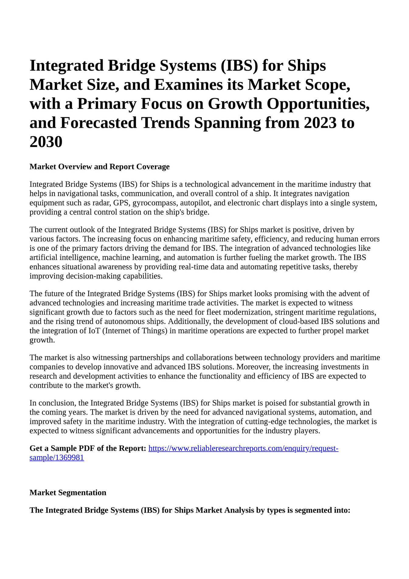 Reportprime - Integrated Bridge Systems (IBS) for Ships Market Size ...