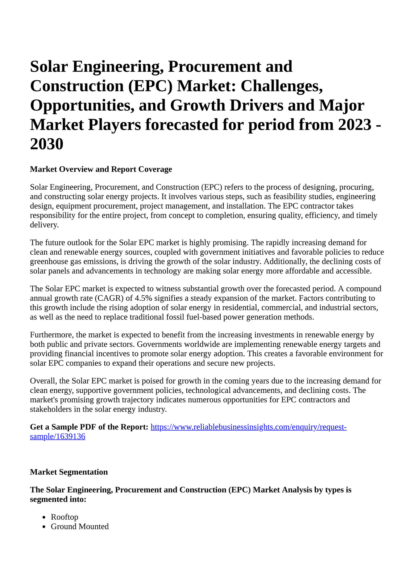 Reportprime - Solar Engineering, Procurement and Construction (EPC) Market: Challenges ...