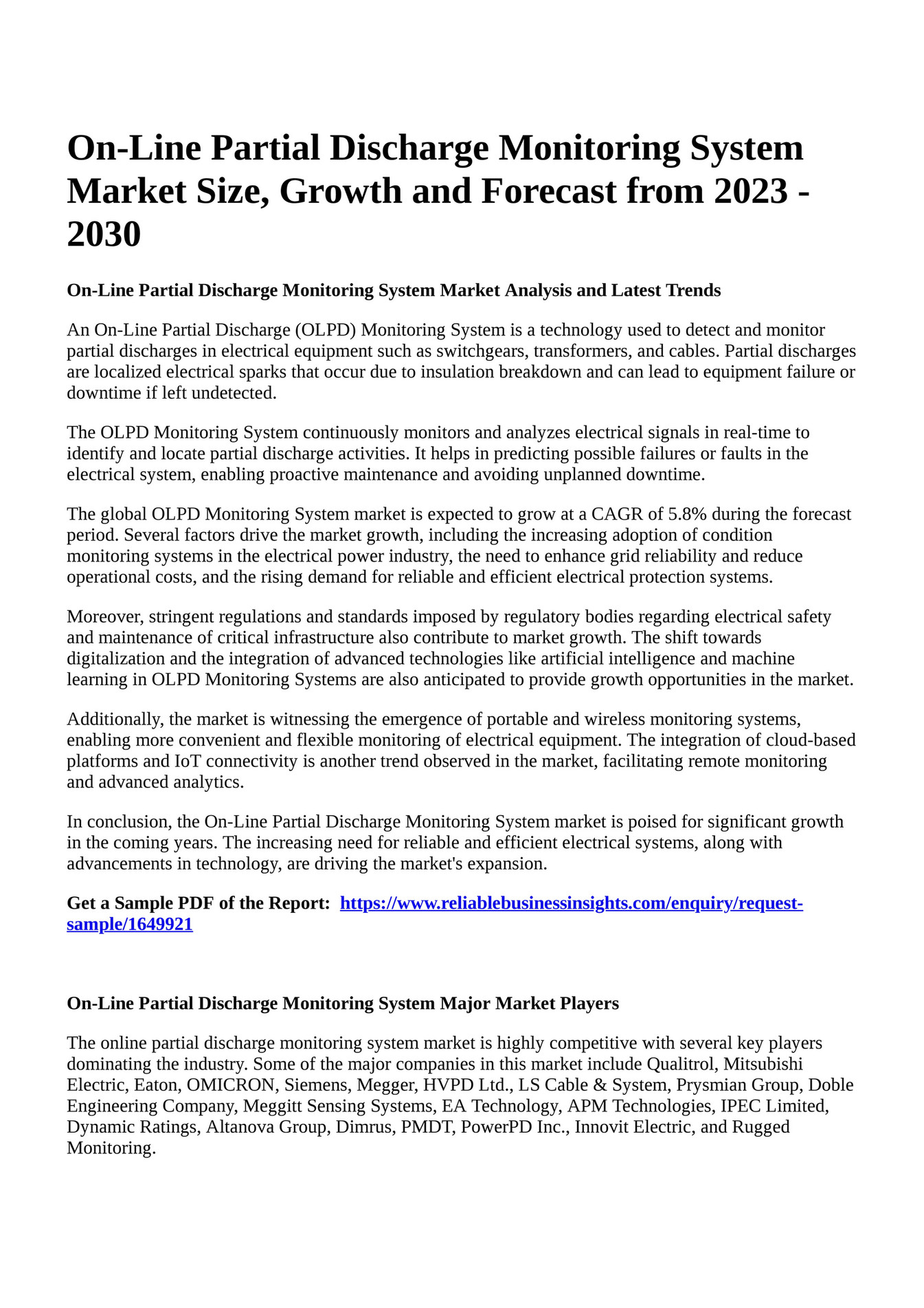 Reportprime - On-Line Partial Discharge Monitoring System Market Size ... Reportprime - On-Line Partial Discharge Monitoring System Market Size ...